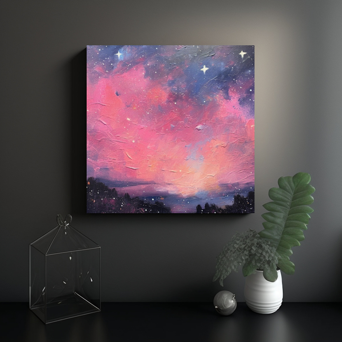 Cuadro Juvenil De Acuarela Cielo Estrellado Rosa - DecoCuadros