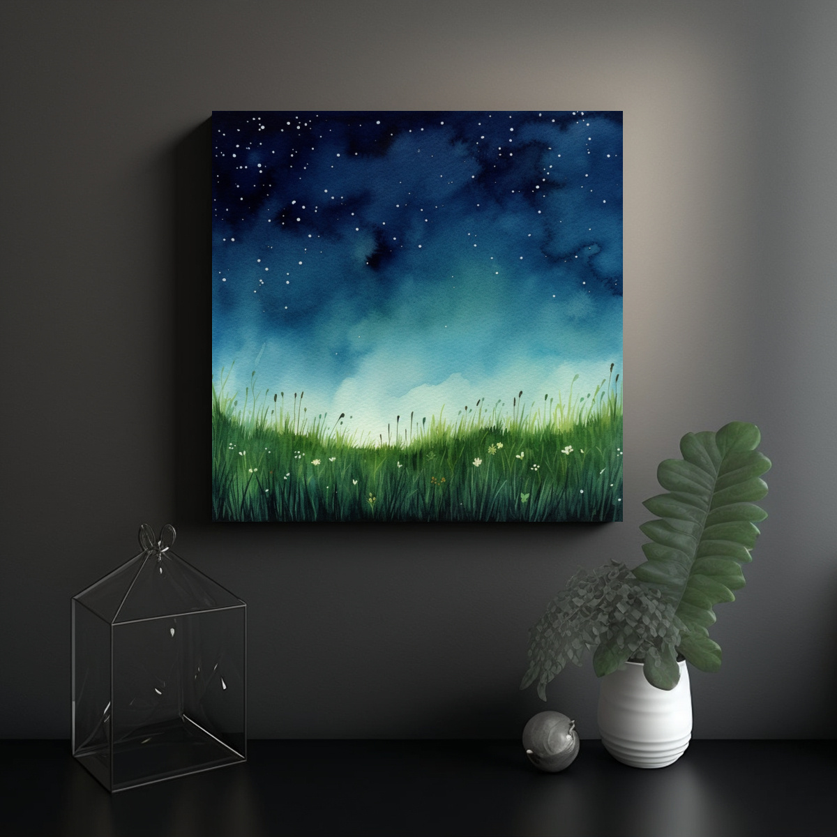 Cuadro Minimalista De Cielo Estrellado Sobre Hierba Acuarela - DecoCuadros