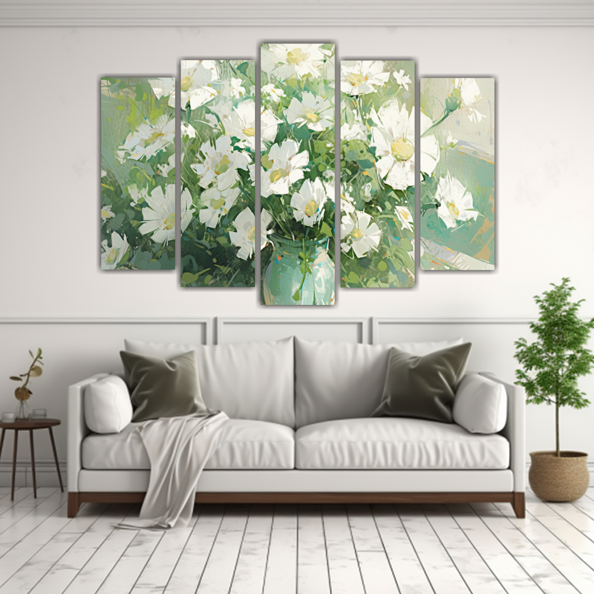 Cuadro Patrón Intenso Multicolor Flores Verdes Y Blancas En Lienzo - DecoCuadros