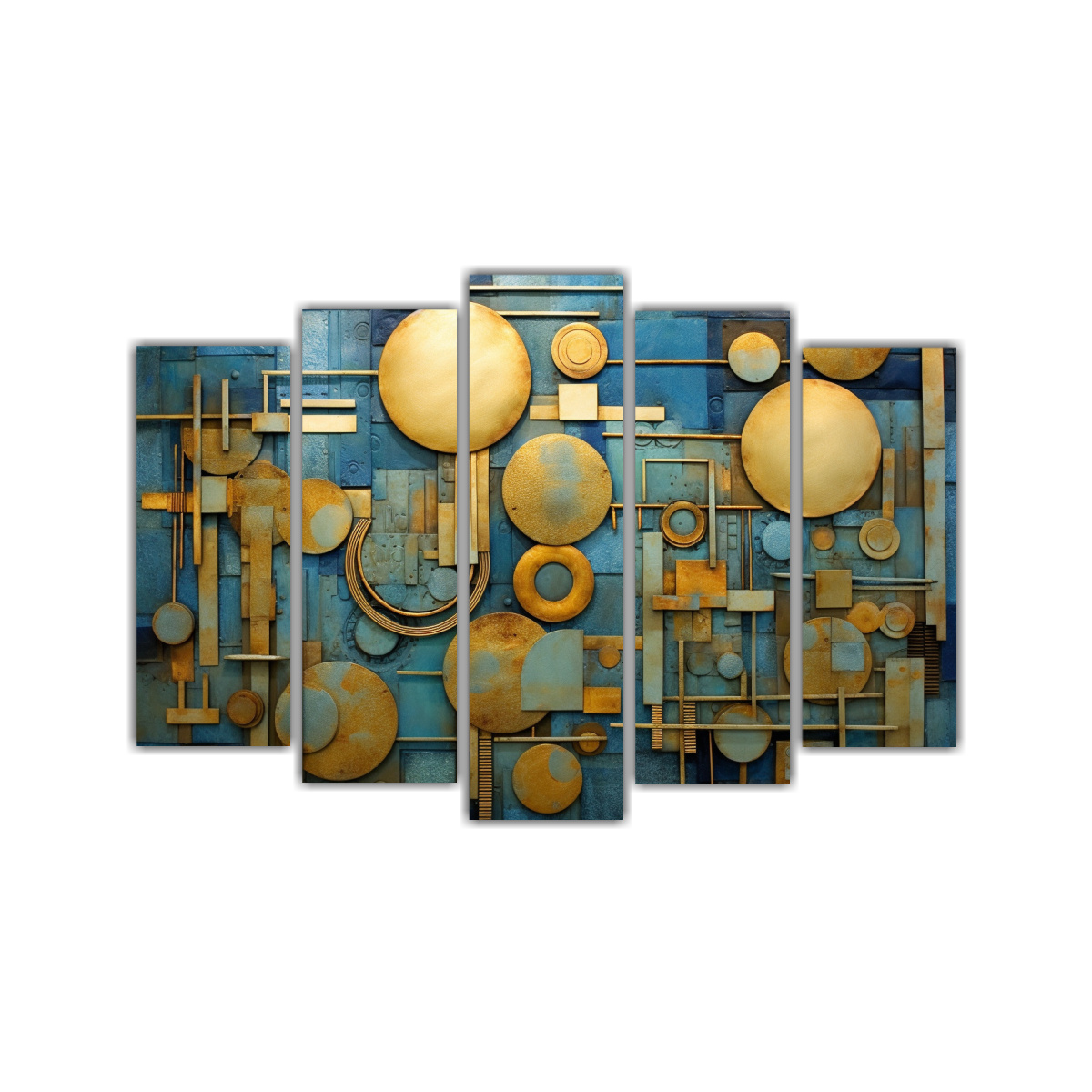 Cuadros Abstractos En Bastidor Azul Y Dorado Con Formas Geométricas Circulares - Decocuadros