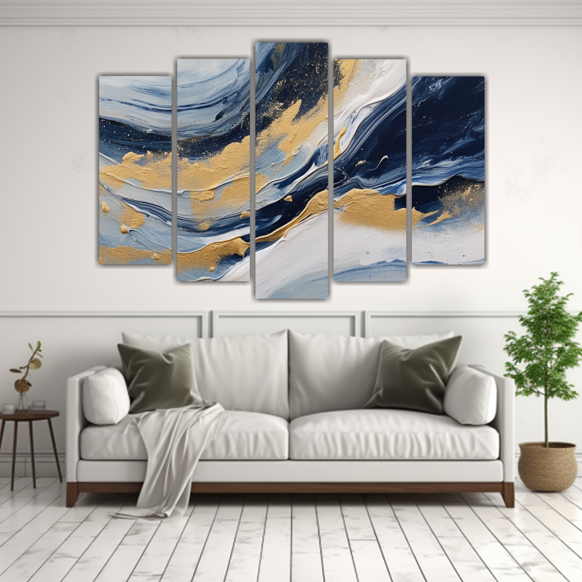 Cuadro Abstracto Azul Con Detalles Dorados - Set 5 Canvas Tonos ...