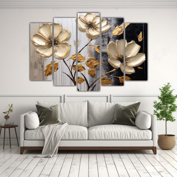 Cuadro Decorativo Acuarela Flores En Colores Oro Y Negro - DecoCuadros