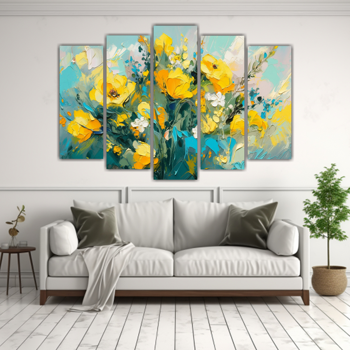 Cuadro De Flores Amarillas Y Cian En Lienzo - DecoCuadros