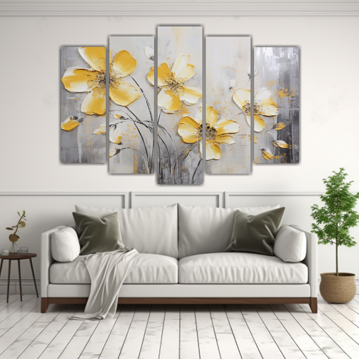 Cuadro Pintura De Flores Amarillas Y Plateadas En Lienzo - DecoCuadros