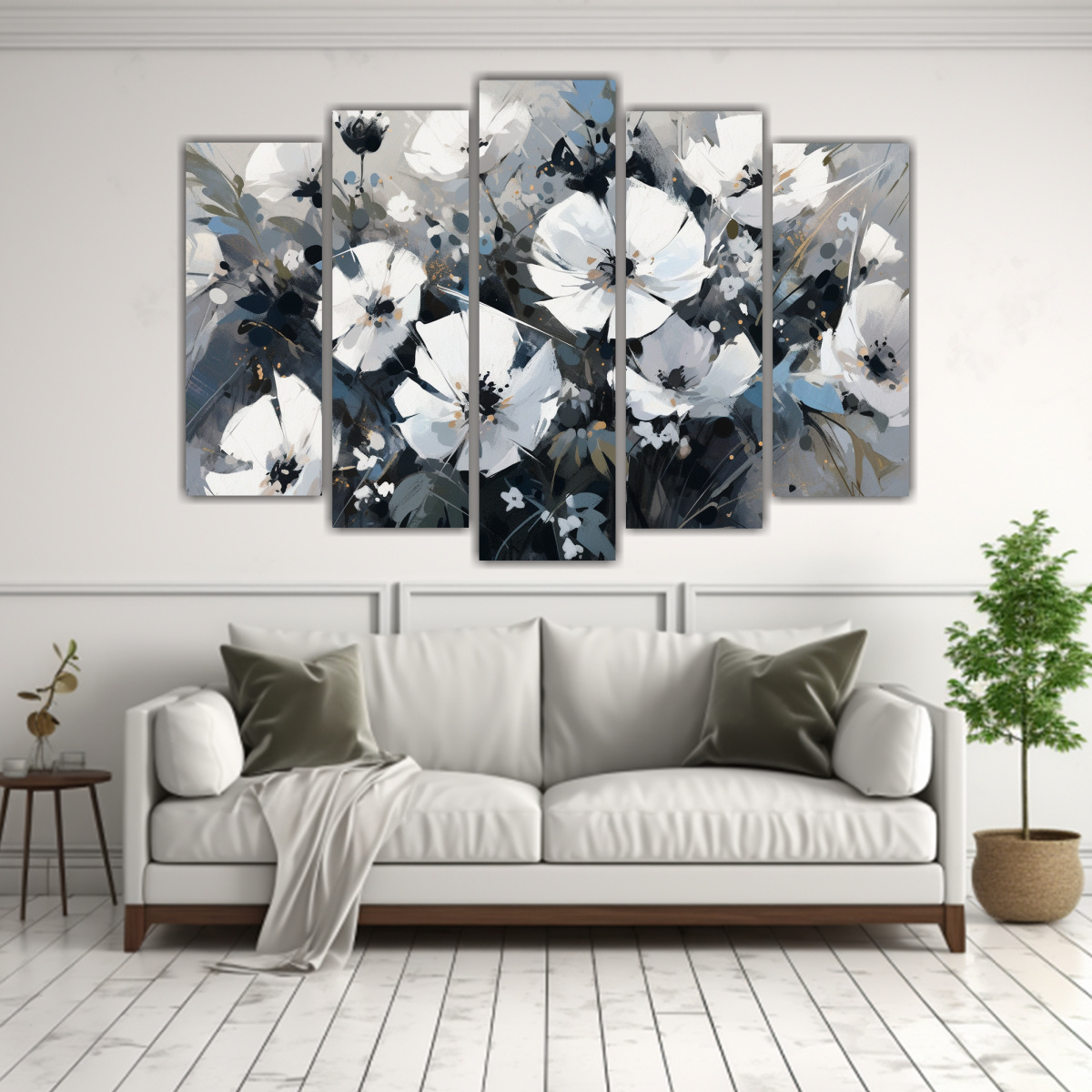 Cuadro Flores Blanco Y Negro En Lienzo - DecoCuadros