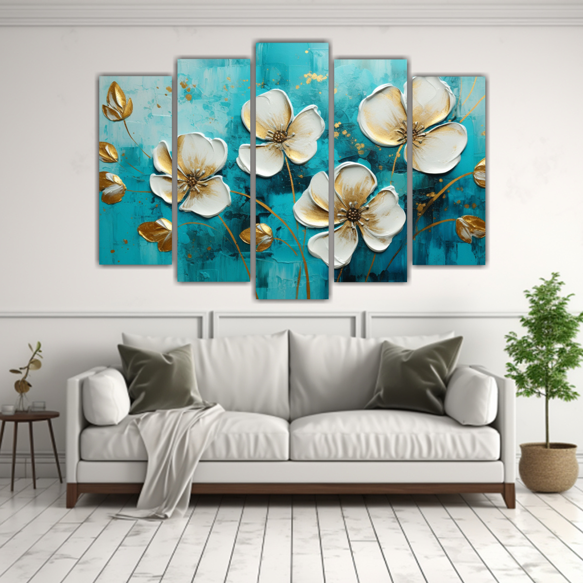 Cuadro De Flores En Lienzo Turquesa Y Dorado - DecoCuadros