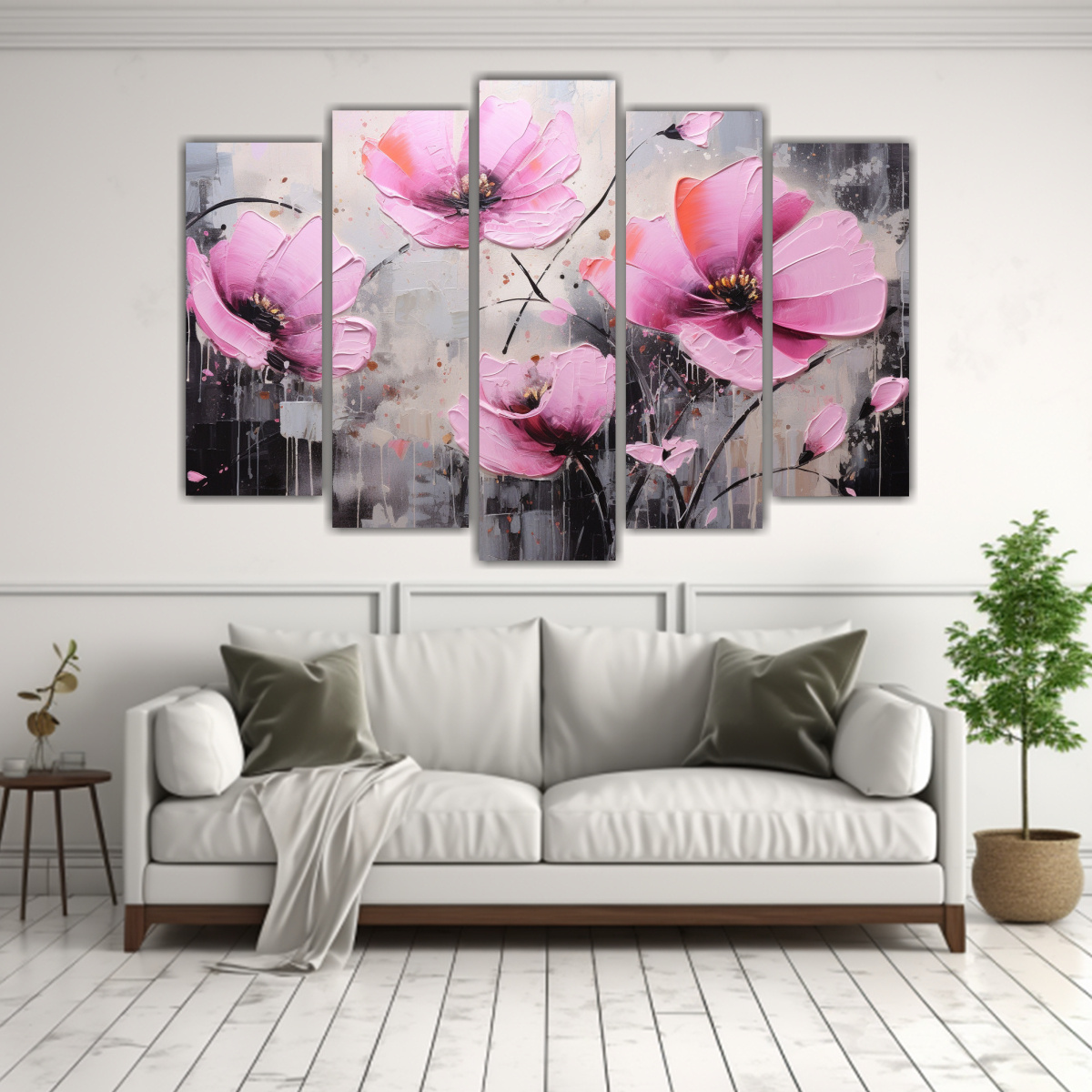 Cuadro De Flores En Lienzo Negro Y Rosa: Patrones Intensos - Decocuadros