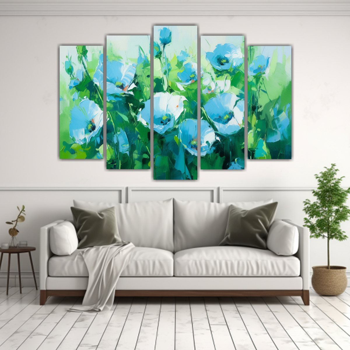 Cuadro Decorativo Floral En Lienzo Con Sensibilidad Artística En Colores Verde Y Azul - Decocuadros