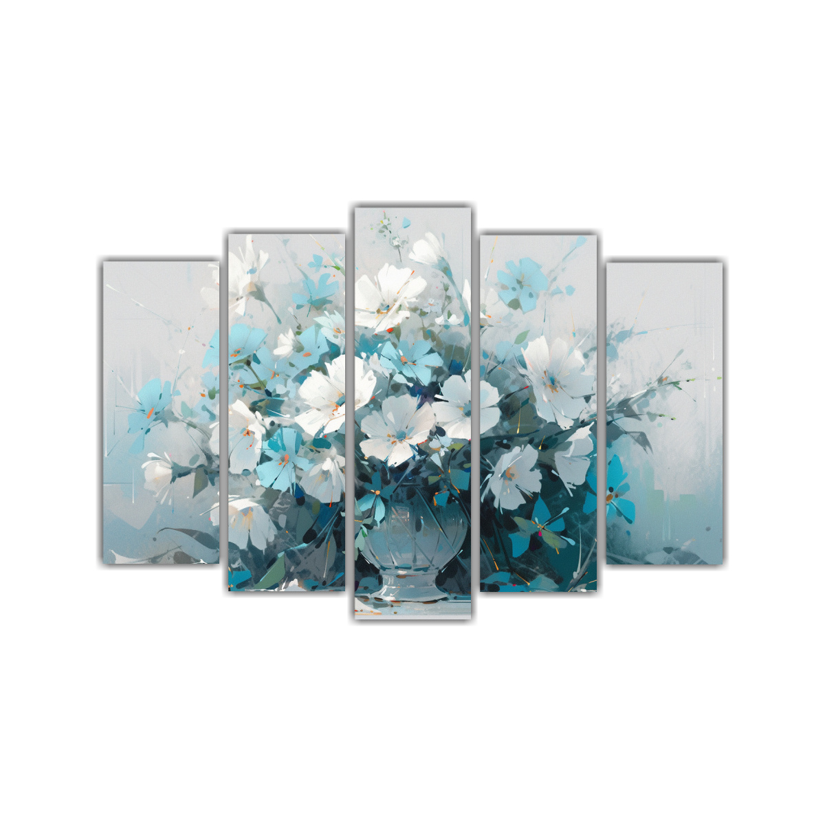 Cuadro Floral Estilo Políptico Horizontal En Tonos Cian Y Estrellados - Decocuadros