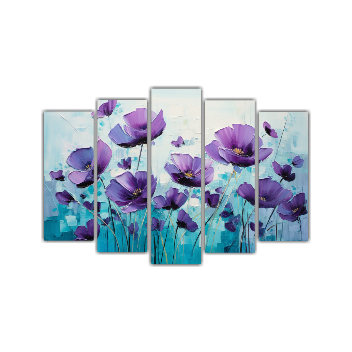 Cuadro Pintura Floral Púrpura Y Teal En Lienzo: Set 5 Cuadros Detalle - Decocuadros