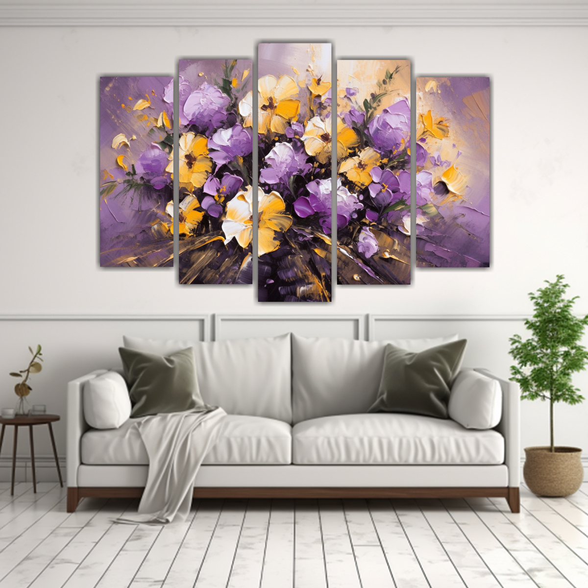 Cuadro Decorativo Moderno Púrpura Y Dorado Con Flores En Lienzo - DecoCuadros