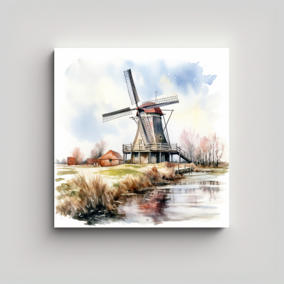 Cuadro Decorativo Molino De Viento Holandés Junto Al Río En Fondo Blanco - Decocuadros