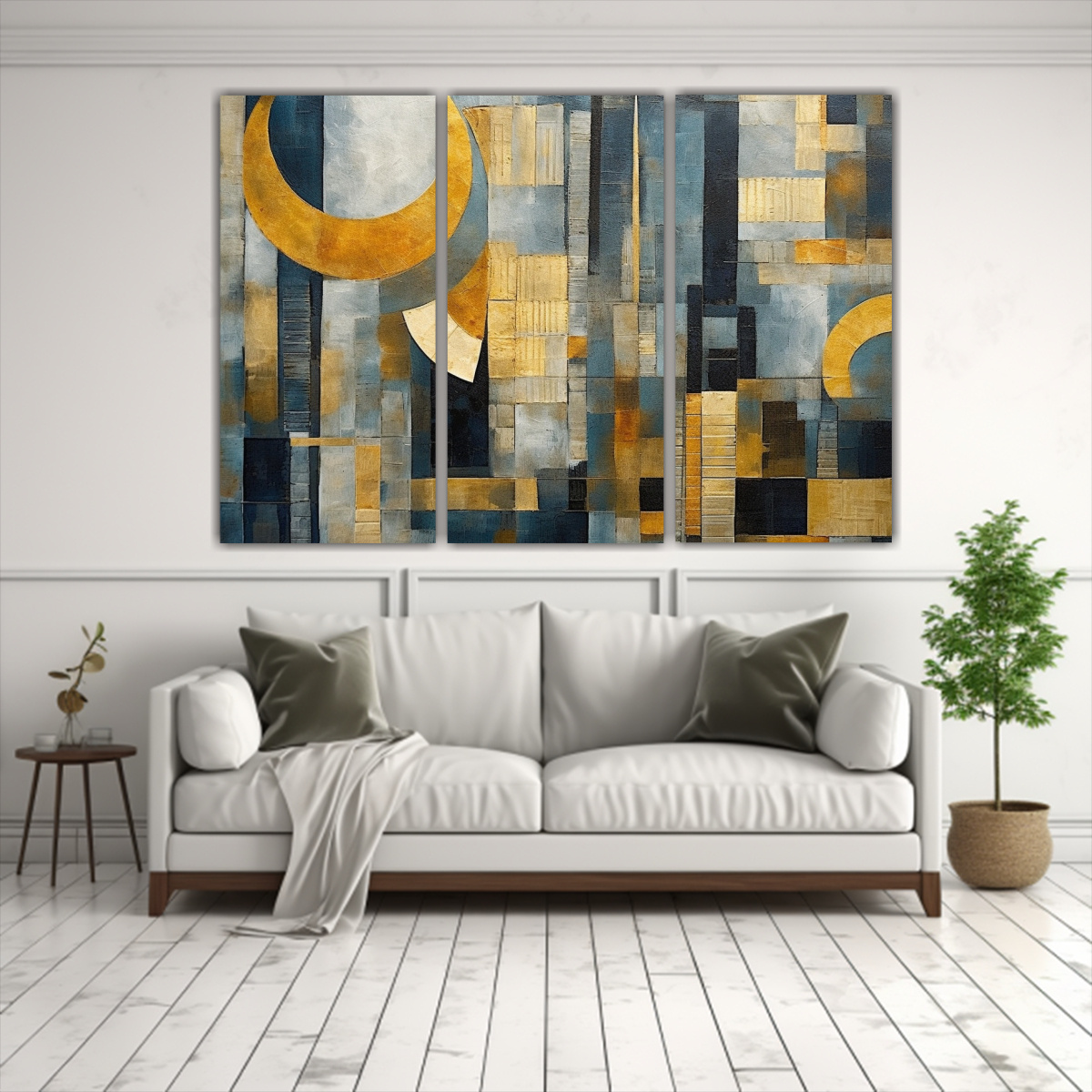 Cuadro Geométrico Abstracto En Dorado, Azul Y Gris - DecoCuadros