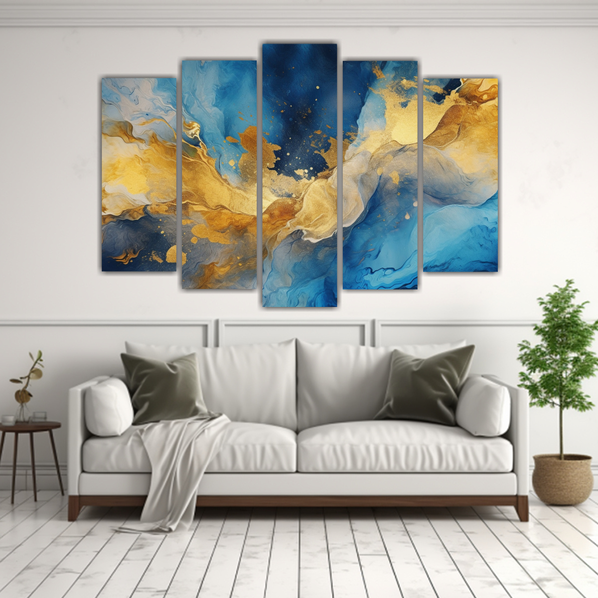 Cuadros Decorativos Abstractos Azul Y Dorado: Set De 5 En Alta Resolución - Decocuadros