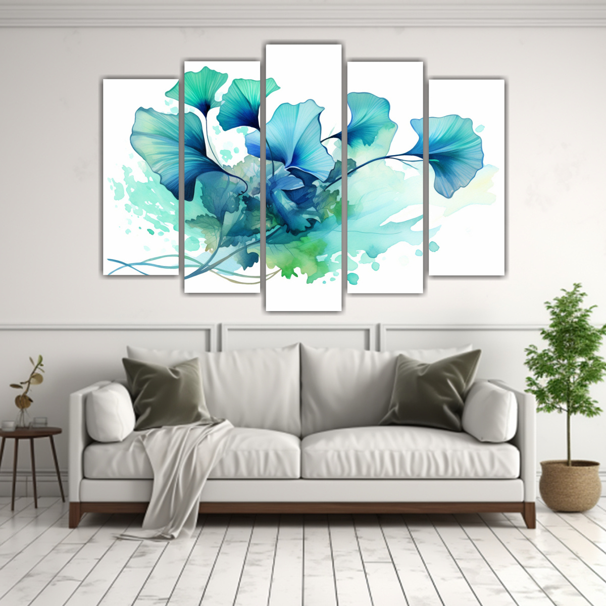 Cuadro Decorativo Equilibrio Creativo Con Hojas De Ginkgo En Tonos Turquesa Y Azul - Decocuadros