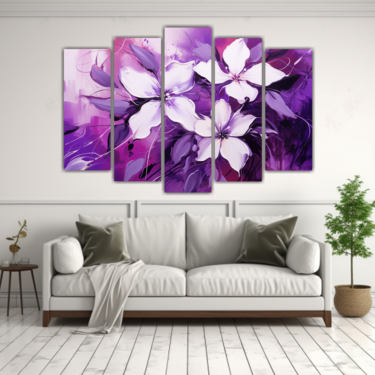 Cuadro Decorativo Púrpura Y Blanco - Composiciones Finas Lineas Visual - Decocuadros