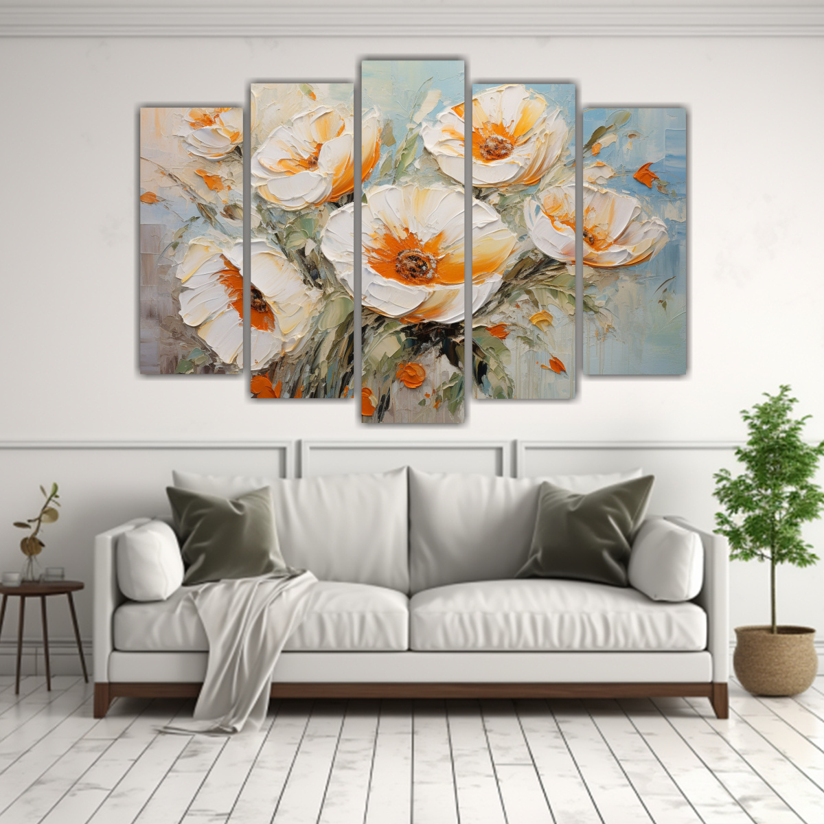 Cuadro De Flores Blancas Y Naranjas En Lienzo - DecoCuadros