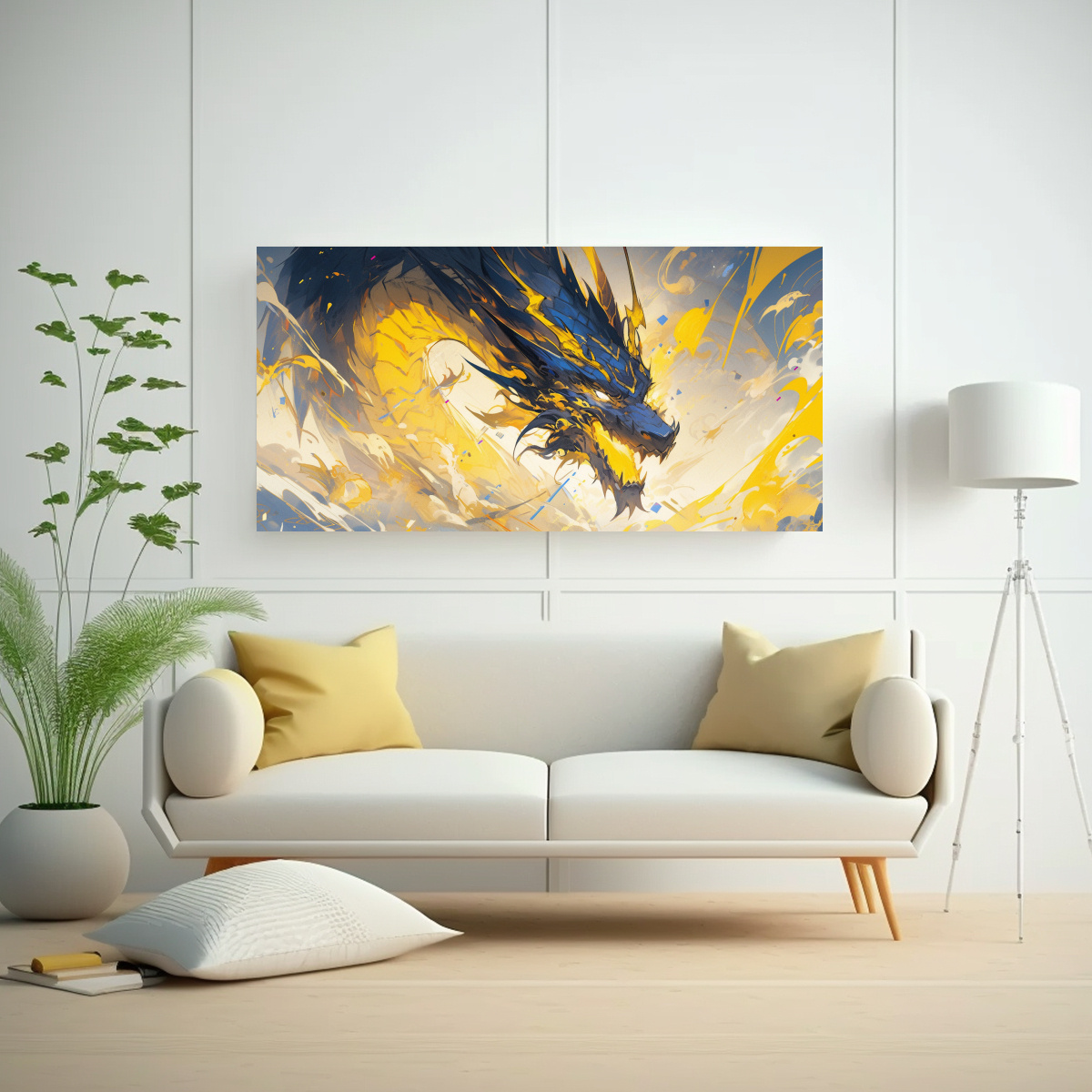 Cuadro Elegante: Dragón En Colores Amarillo Y Azul Neo-noir - Decocuadros