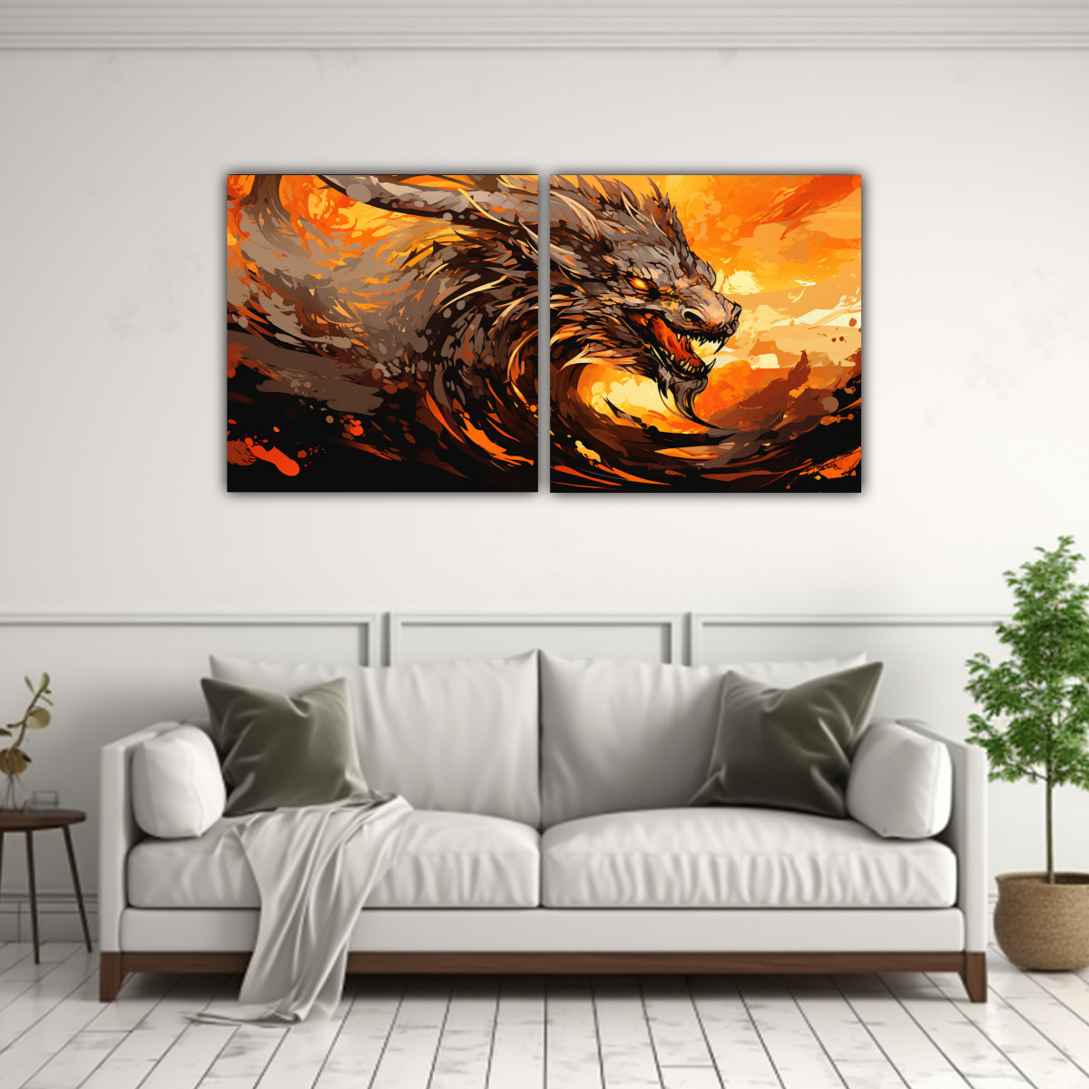 Cuadro Rectangular De Dragón En Colores Naranja Y Oro - DecoCuadros