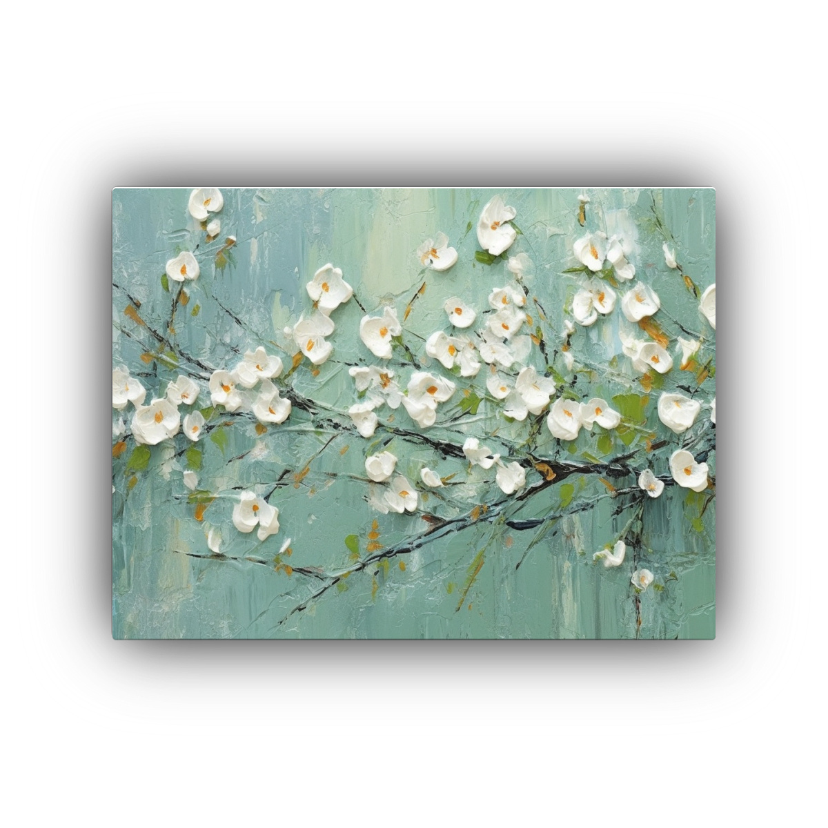 Cuadro Tela Bastidor Acuarela Flores Blancas Líneas Menta - DecoCuadros