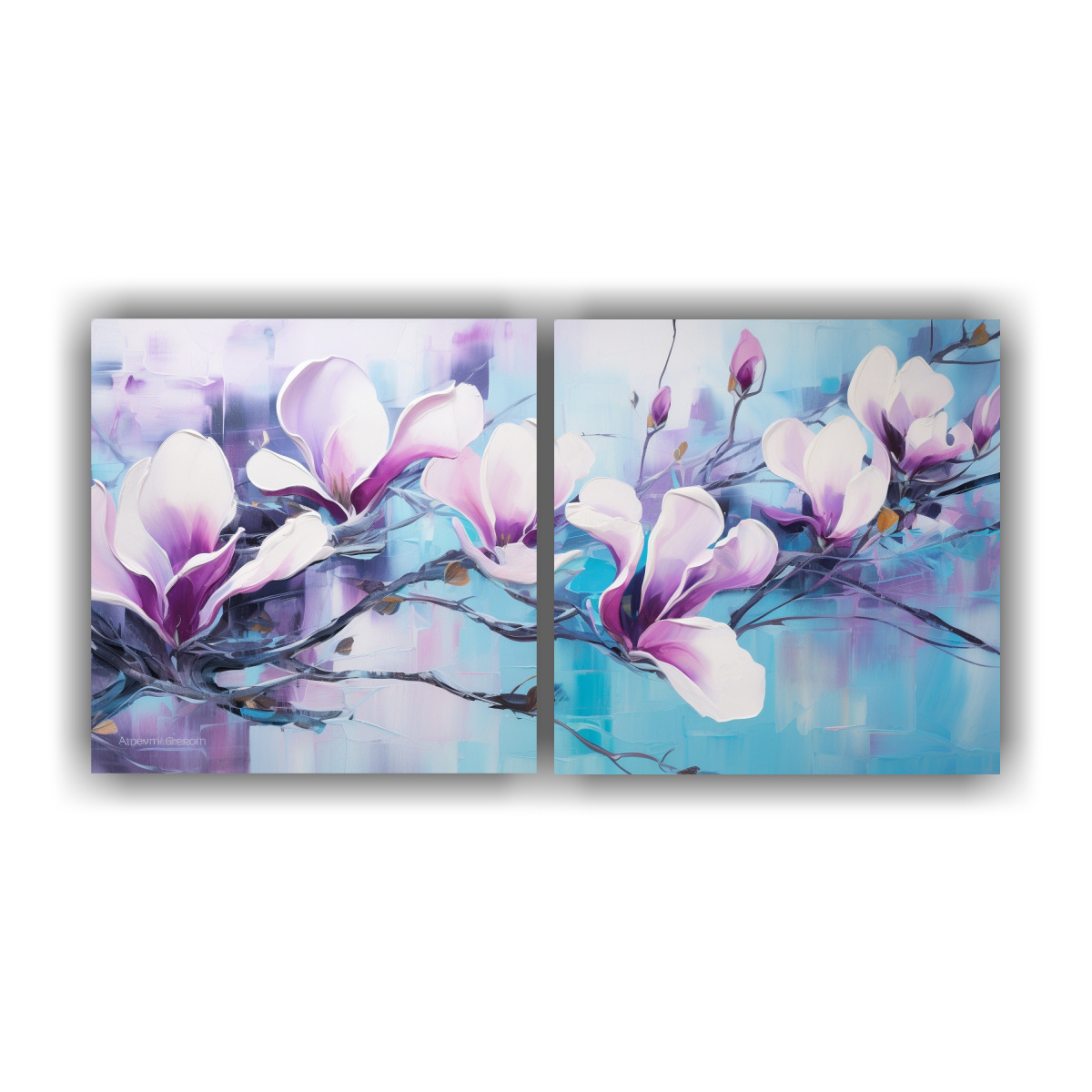 Cuadros Abstractos Magnolias Púrpuras Y Turquesas En Bastidor De Madera - Decocuadros