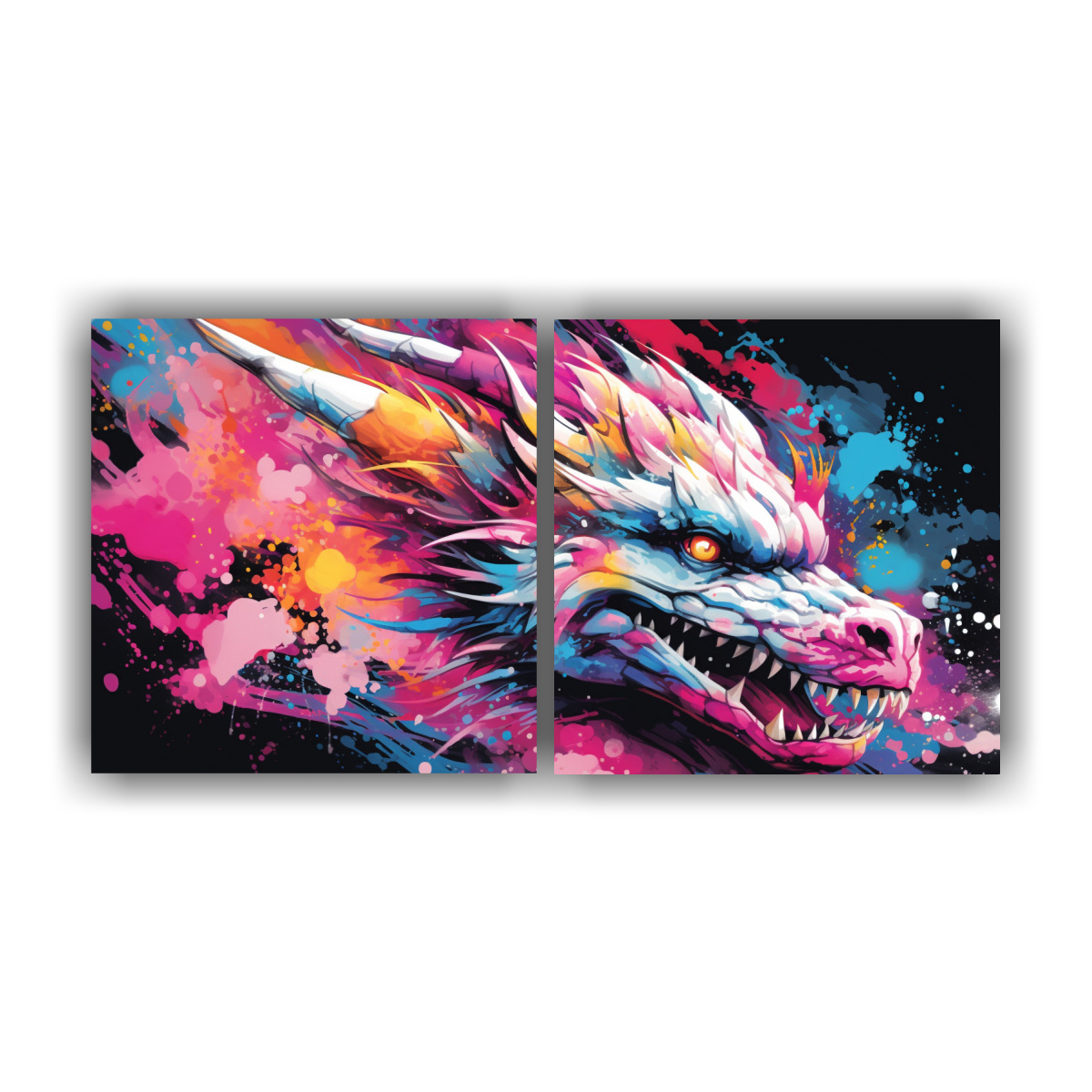 Díptico Estético Dragón Arco Iris Y Rosa, Atmosfera Neonoir - Cuadros Decorativos - Decocuadros