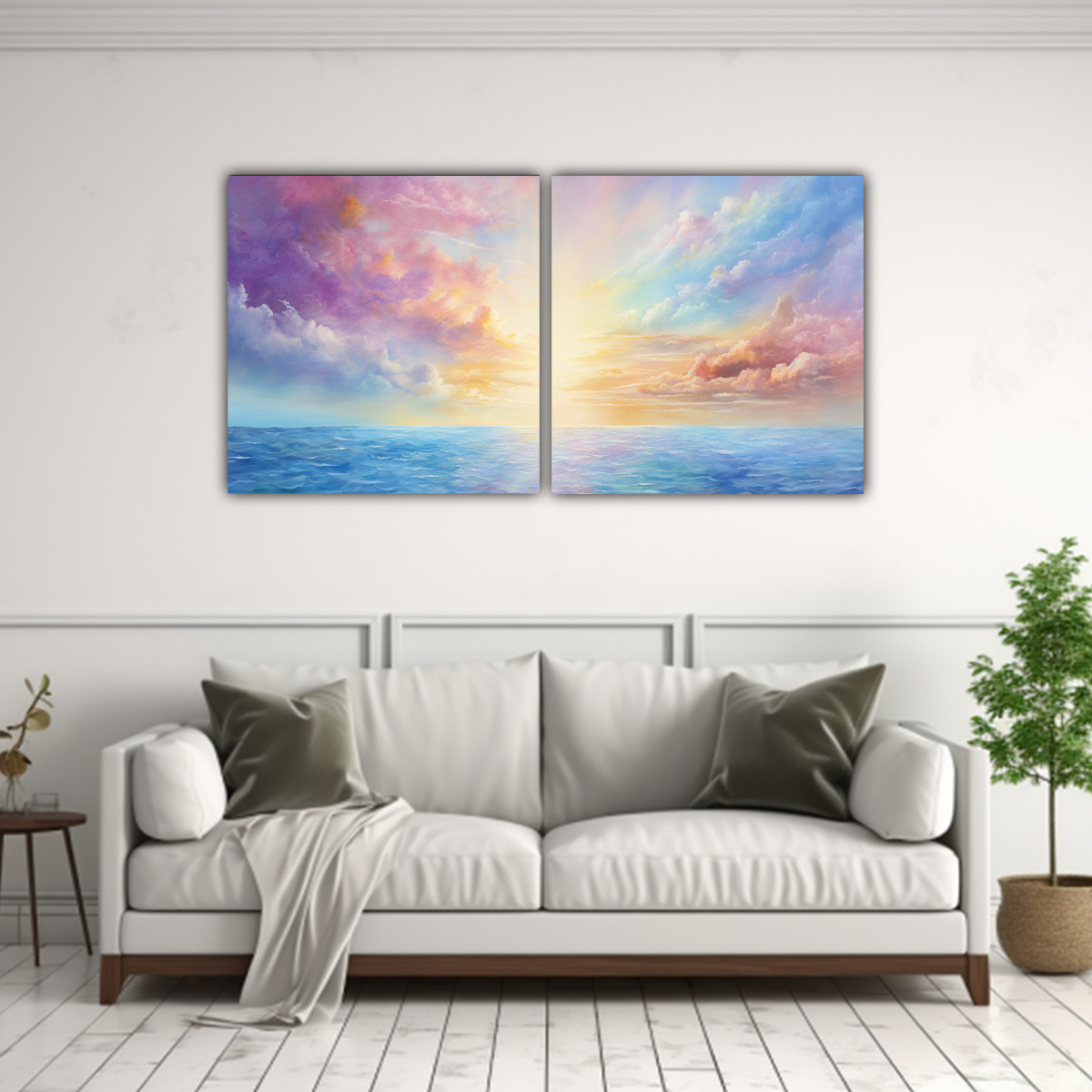 Cuadro Lienzos Tela Mar Y Cielo Con Arcoíris Y Acuarelas - DecoCuadros