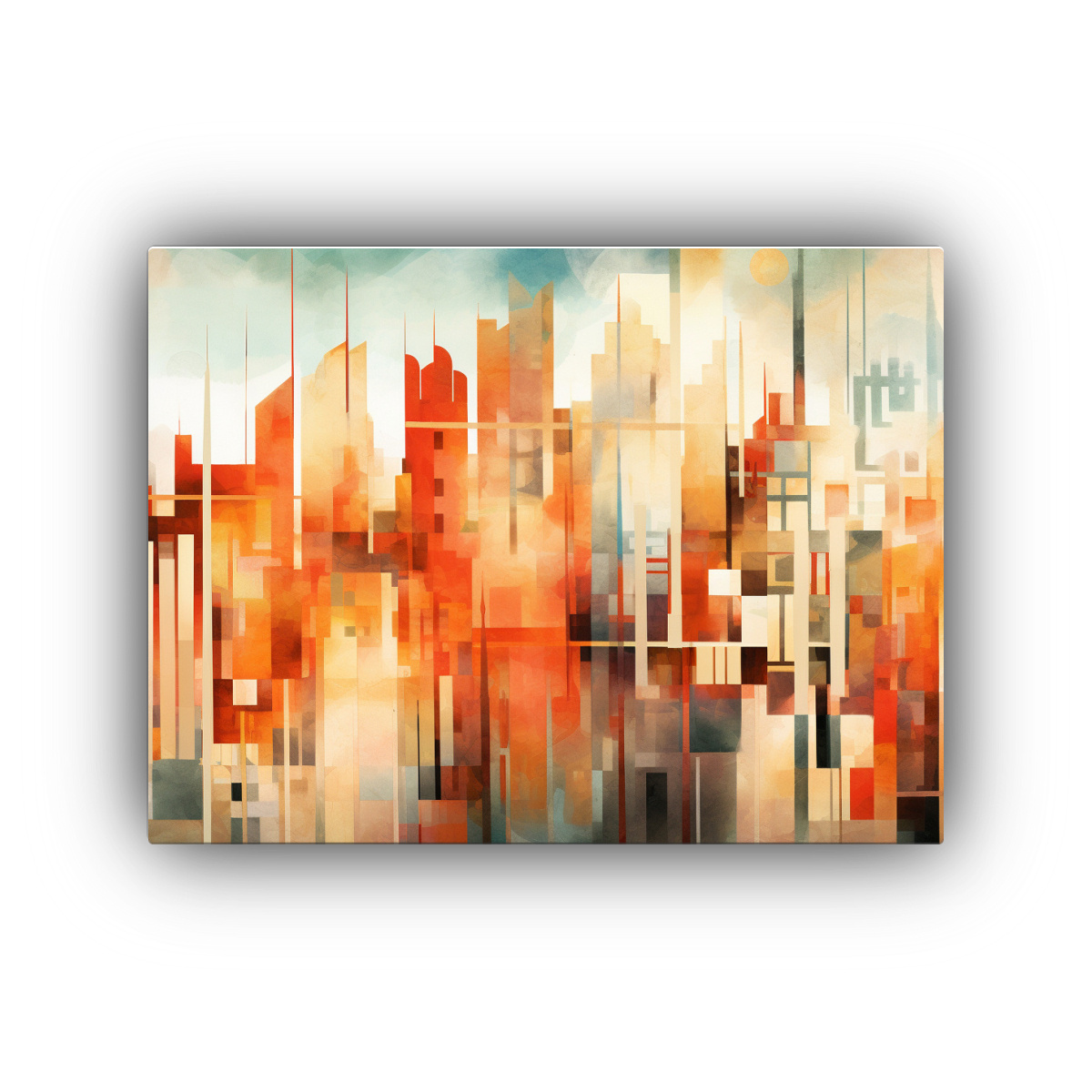 Cuadro Abstracto De Ciudad Con Cielo Rojo: Composición Brillante ...