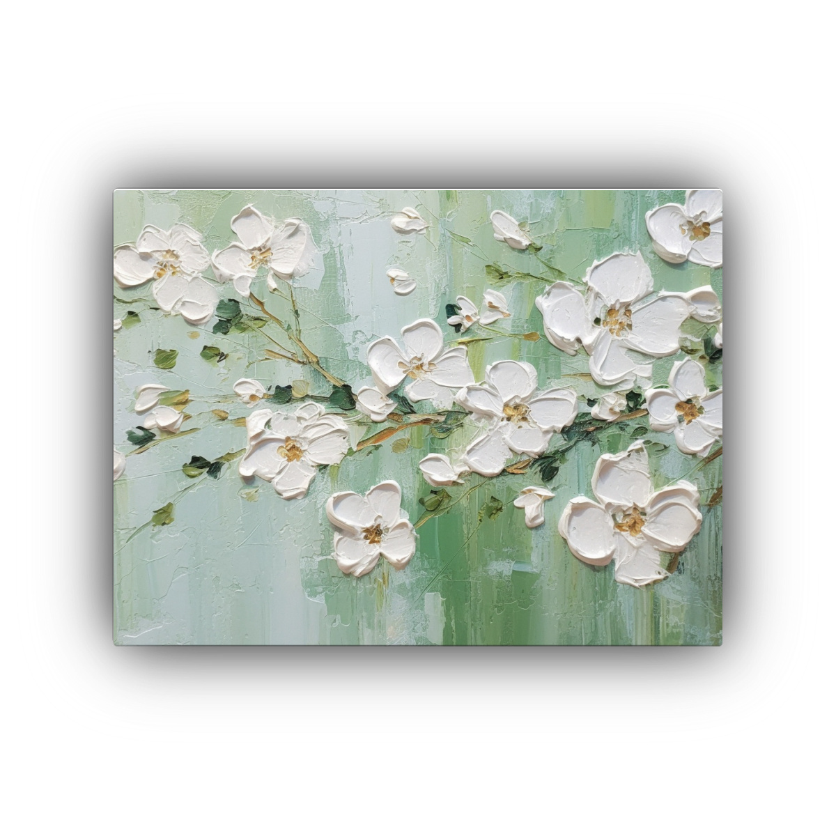 Cuadro De Textura De Flores Blancas Y Línea En Verde Menta - DecoCuadros