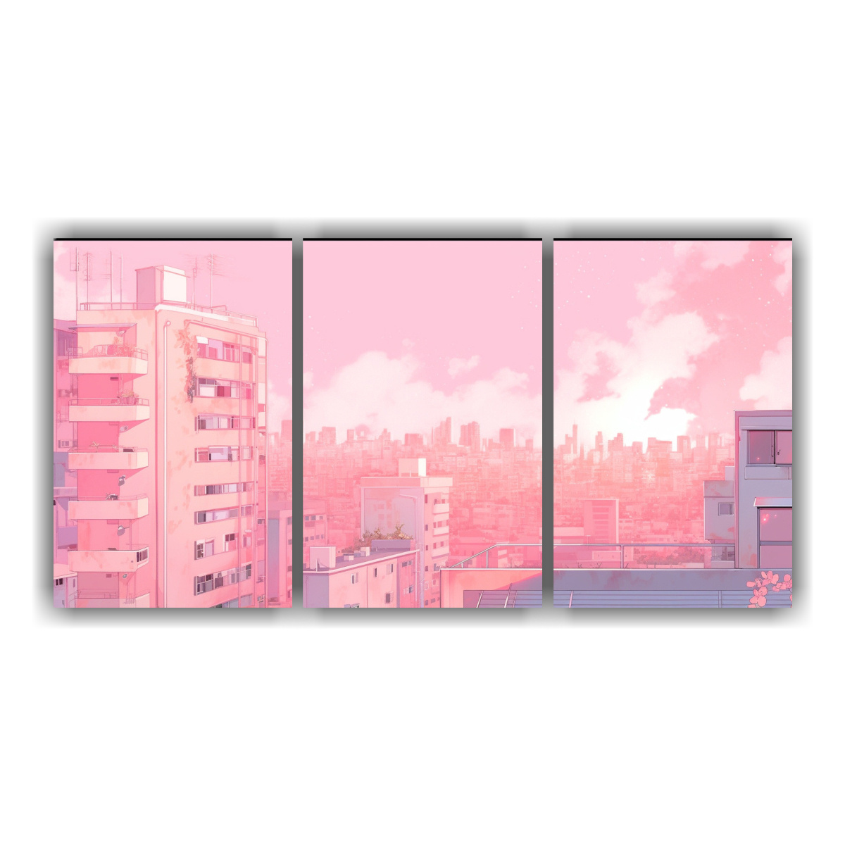 Conjunto 3 Telas Bastidor Acuarela Santiago Chile En Colores Pastel Y Rosa Neo - Decocuadros