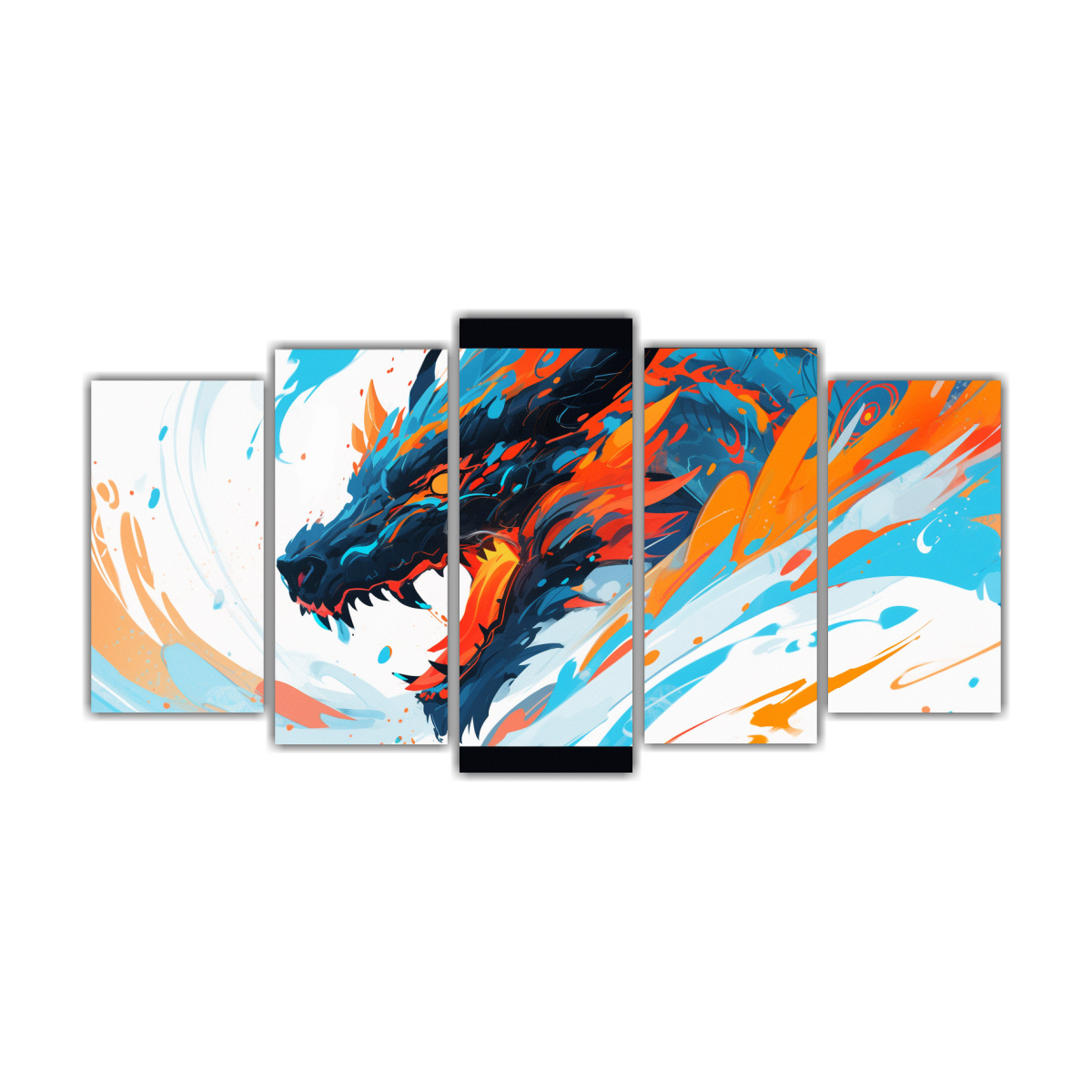 Conjunto 5 Cuadros Horizontal Dragón En Tonos Naranja Y Azul - DecoCuadros
