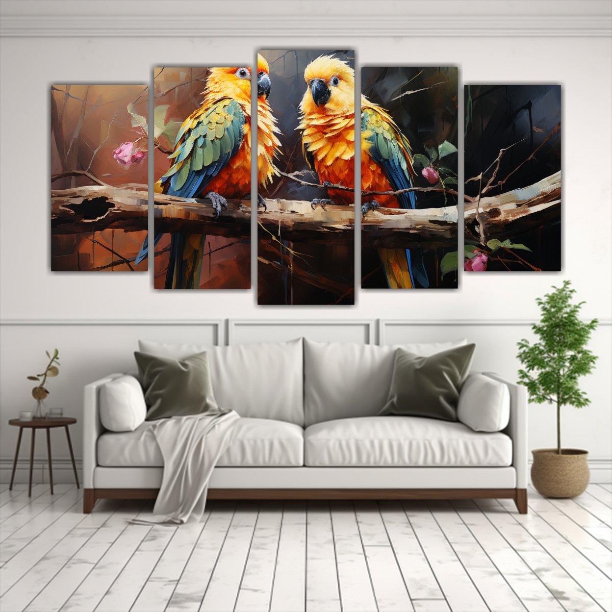 Conjunto 5 Cuadros Aves Coloridas - Decoración De Pared Exclusiva - Decocuadros