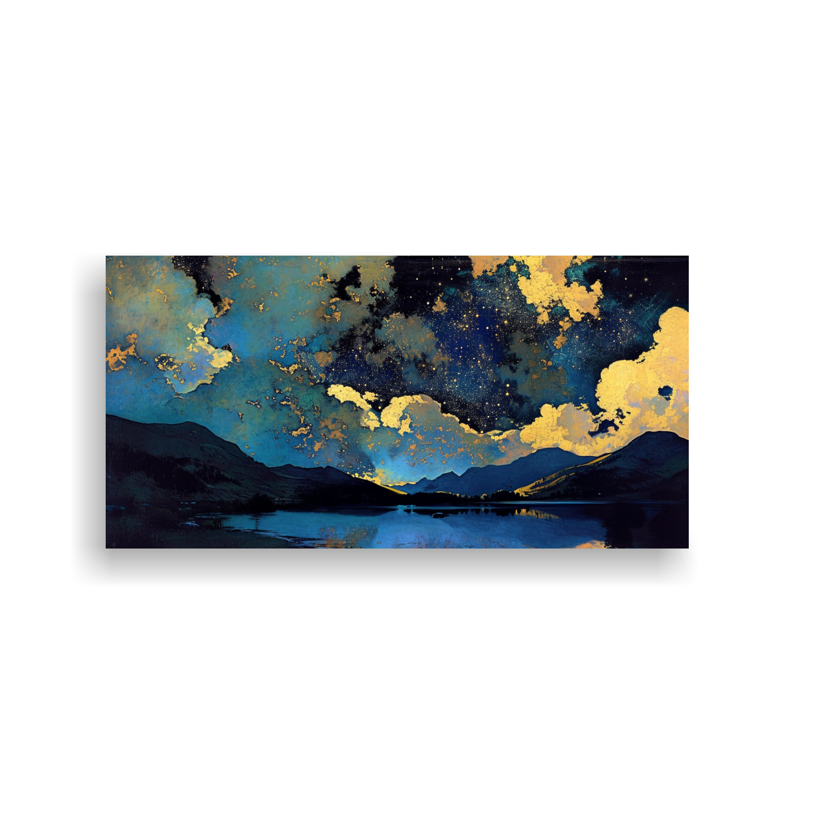 Cuadro Abstracto: Cielo Estrellado Sobre Lago Azul Con Nubes Doradas ...