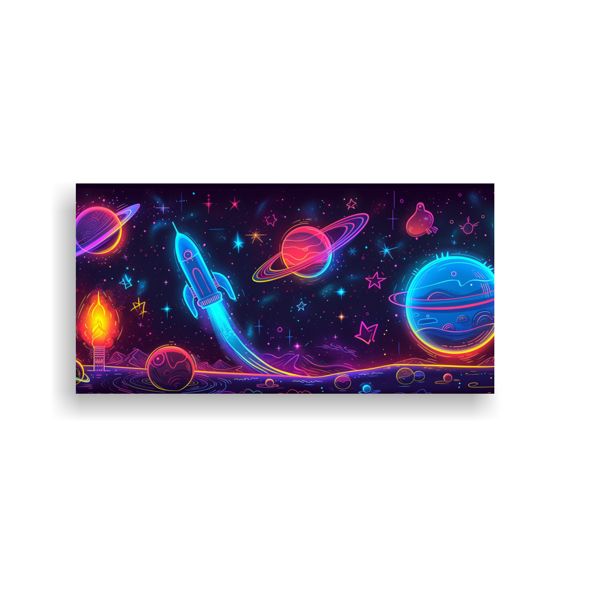Cuadro Decorativo Luna Estrella Nave Espacial Planeta Neon - Decocuadros