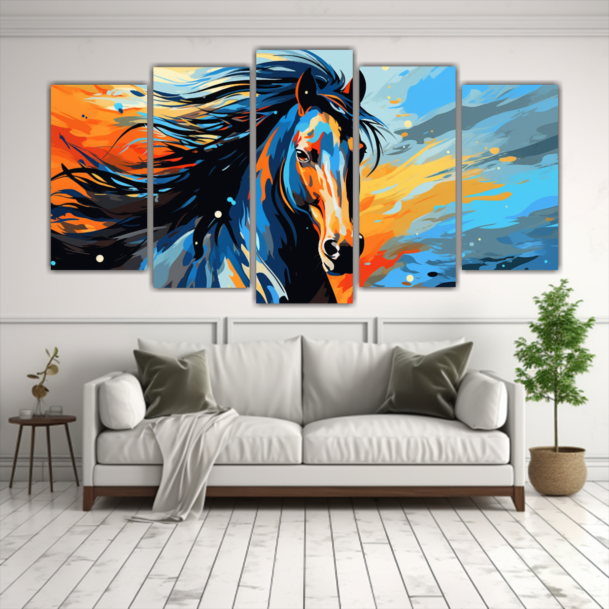 Cuadro Decorativo Caballo Frisón En Colores Naranja Y Azul - DecoCuadros