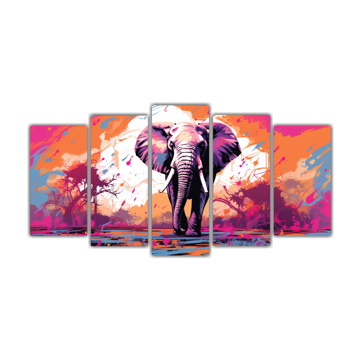 Set 5 Cuadros Elefante En Sabana En Tonos Morado Y Rosa - DecoCuadros