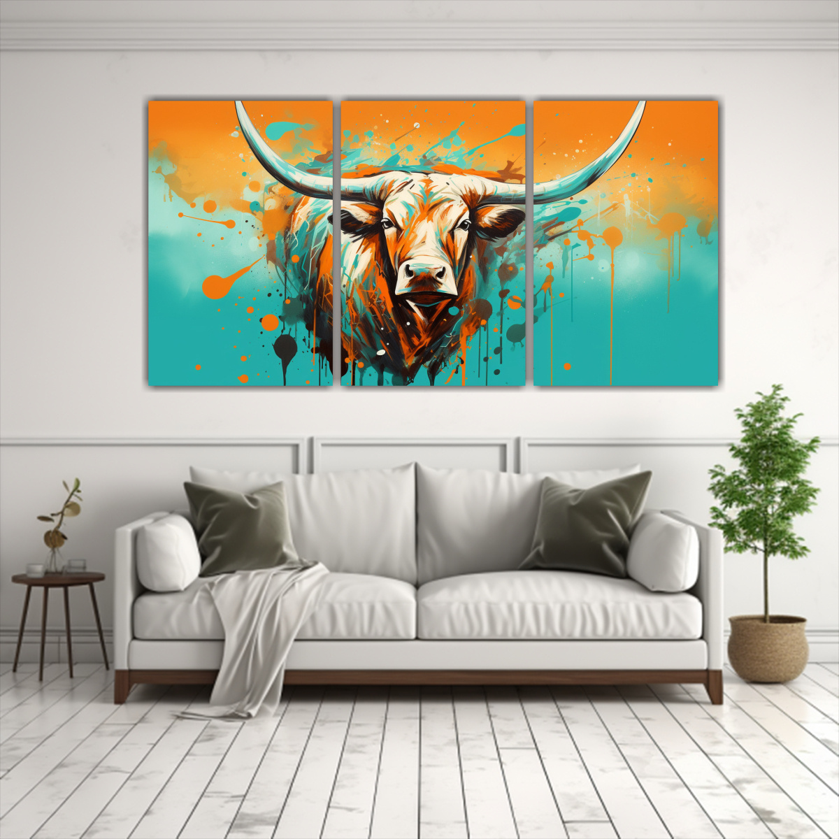 Cuadro Moderno Vaca Longhorn En Turquesa Y Naranja - DecoCuadros