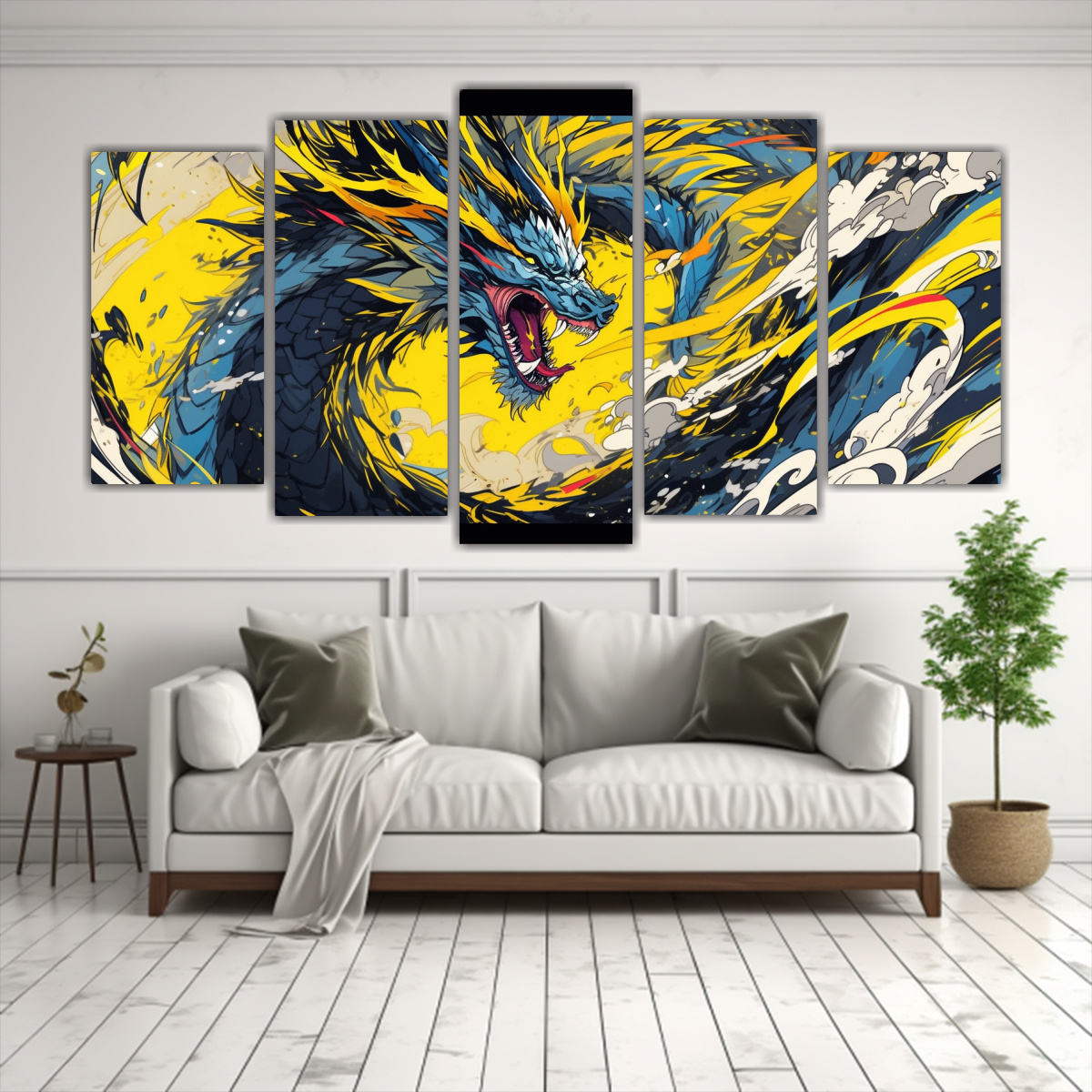 Lienzos De Dragón En Amarillo Y Azul, Atmosfera Neonoir - Set 5 Lienzos Diseño Alta Resolucion ...