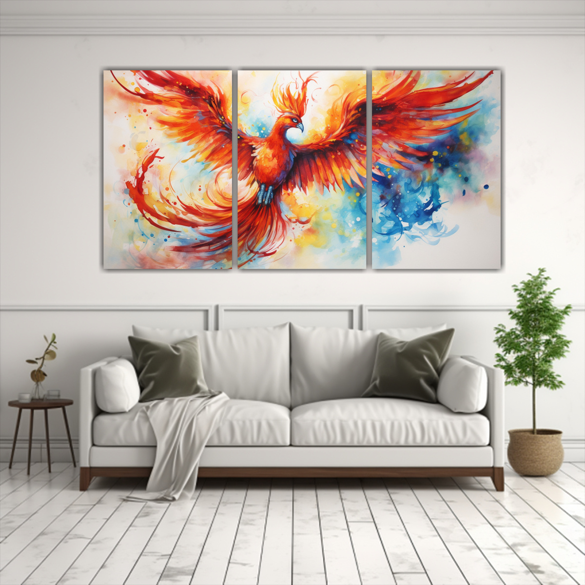 Cuadro En Acuarela Moderna: Phoenix Cálida En Tres Lienzos - DecoCuadros