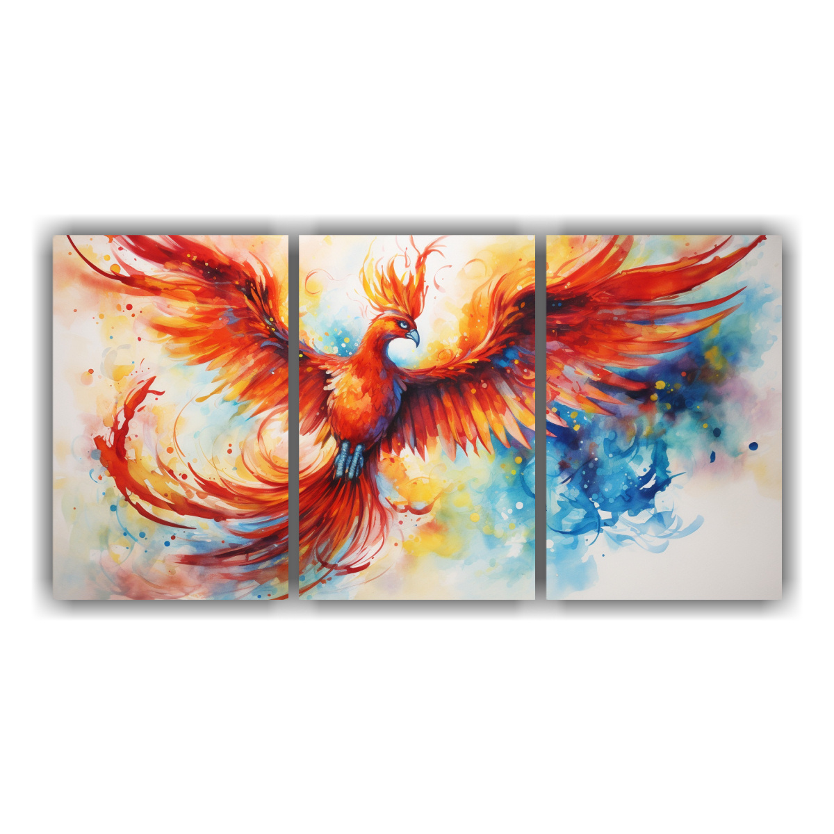 Cuadro En Acuarela Moderna: Phoenix Cálida En Tres Lienzos - DecoCuadros