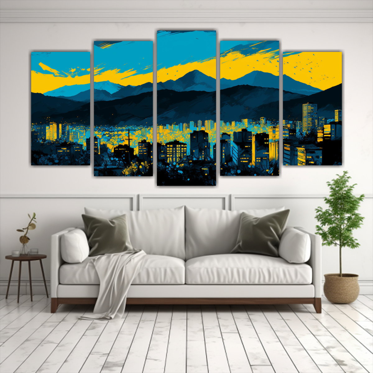 Cuadro Decorativo Santiago City En Chile, Amarillo Y Azul Neo - Decocuadros