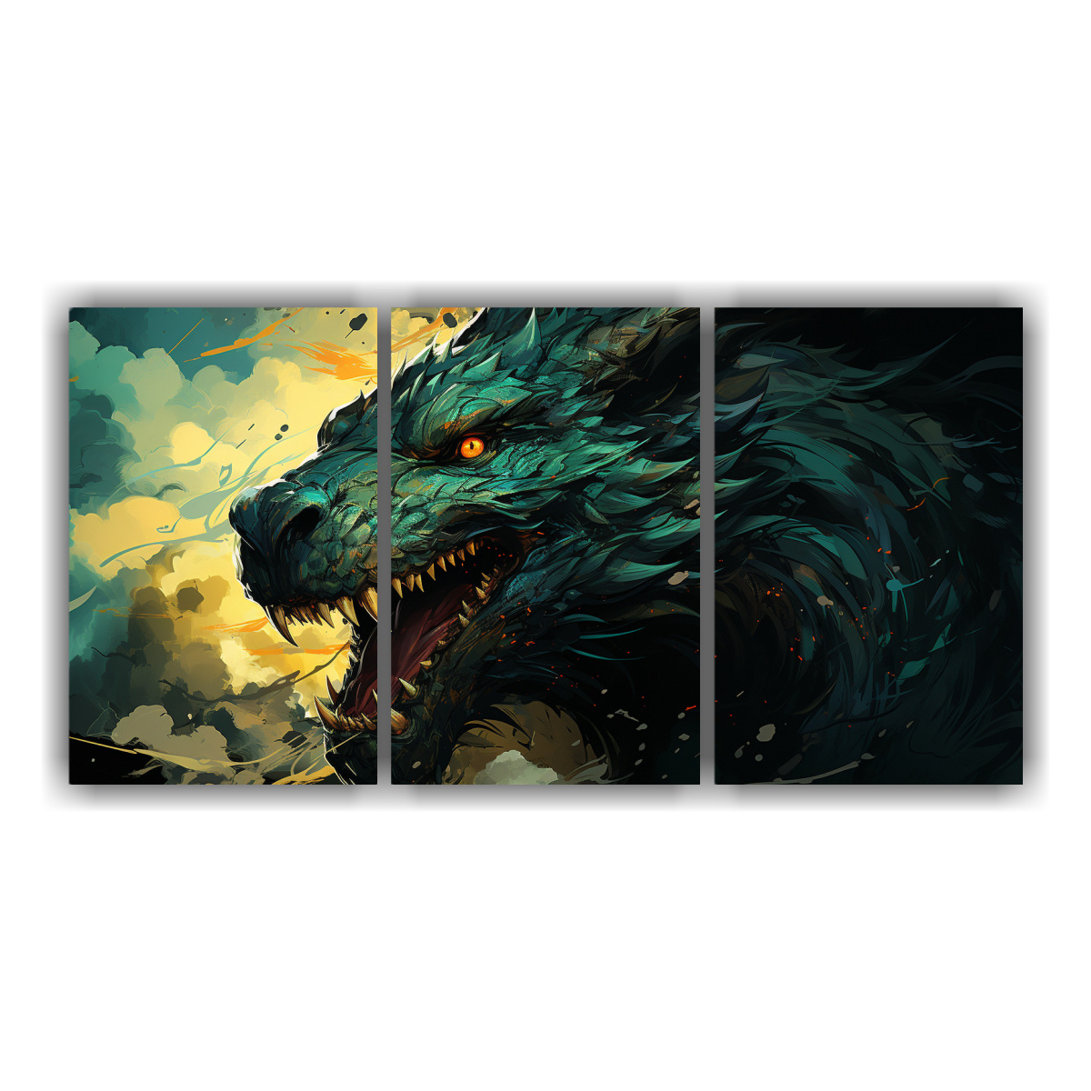 Cuadro Decorativo De Dragón En Verde Y Negro En Bastidor - DecoCuadros