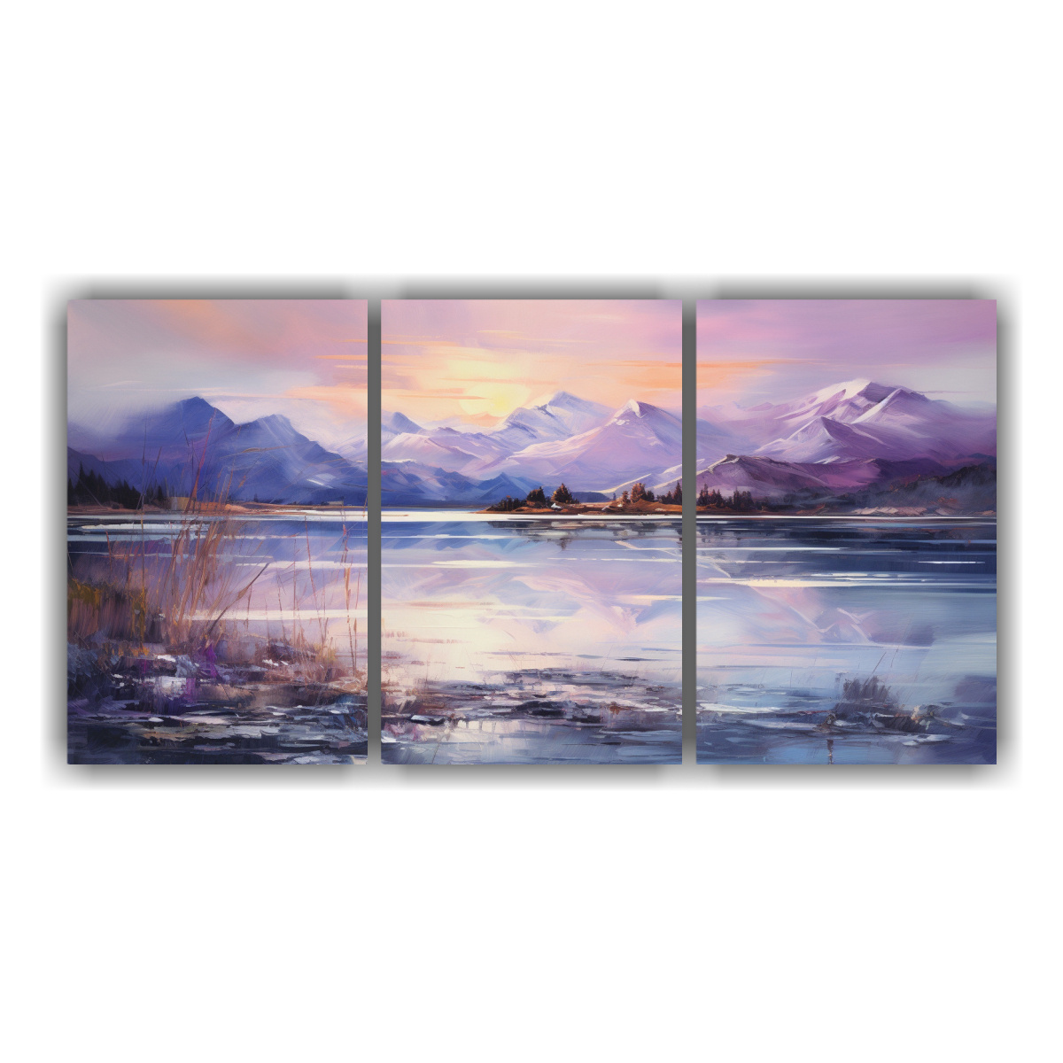 Tríptico Imagen Económico Montañas Y Lagos En Tonos Morados - DecoCuadros