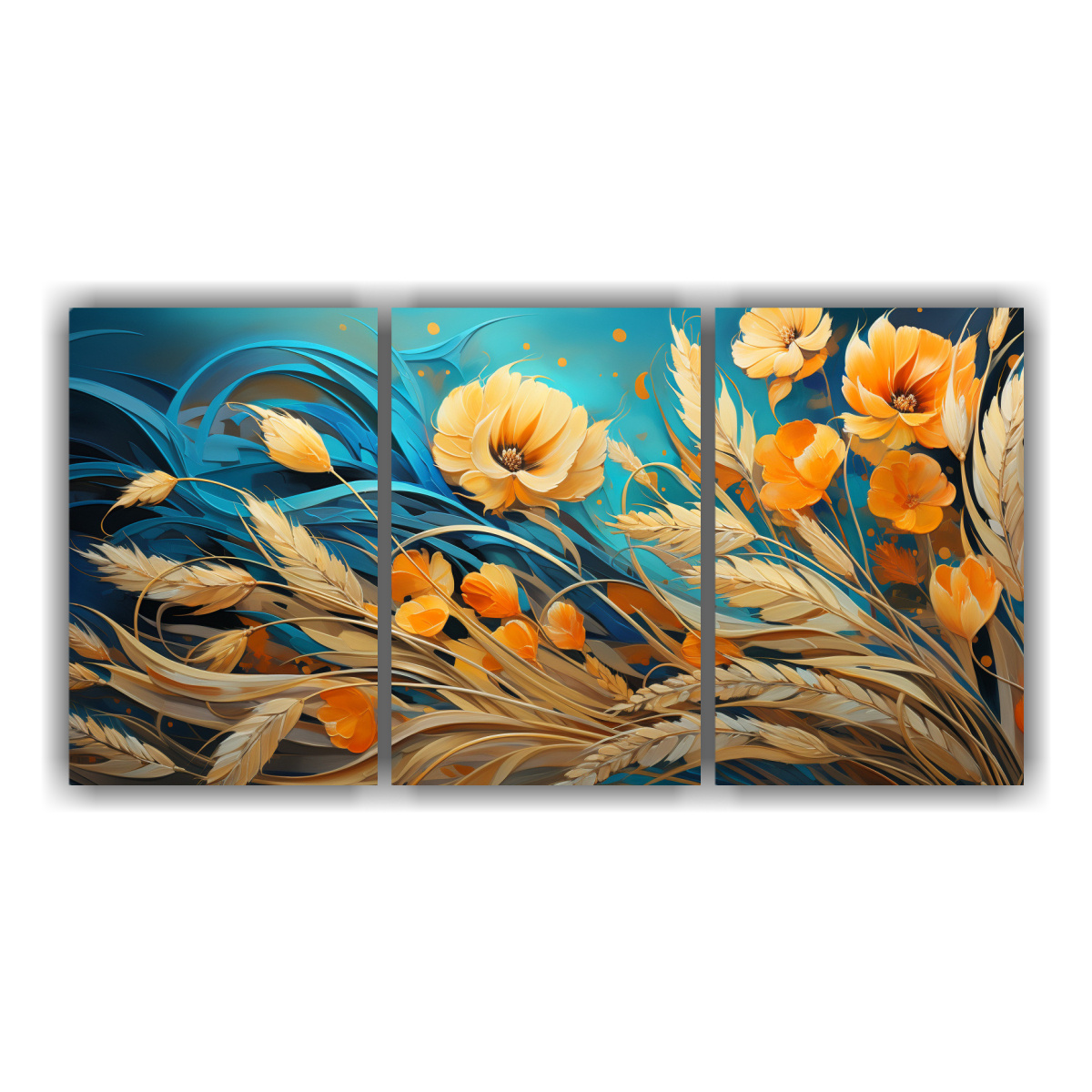 Cuadro Tres Telas En Bastidor Equilibrio Trigo En Tonos Naranja Y Azul Neo-noir - DecoCuadros