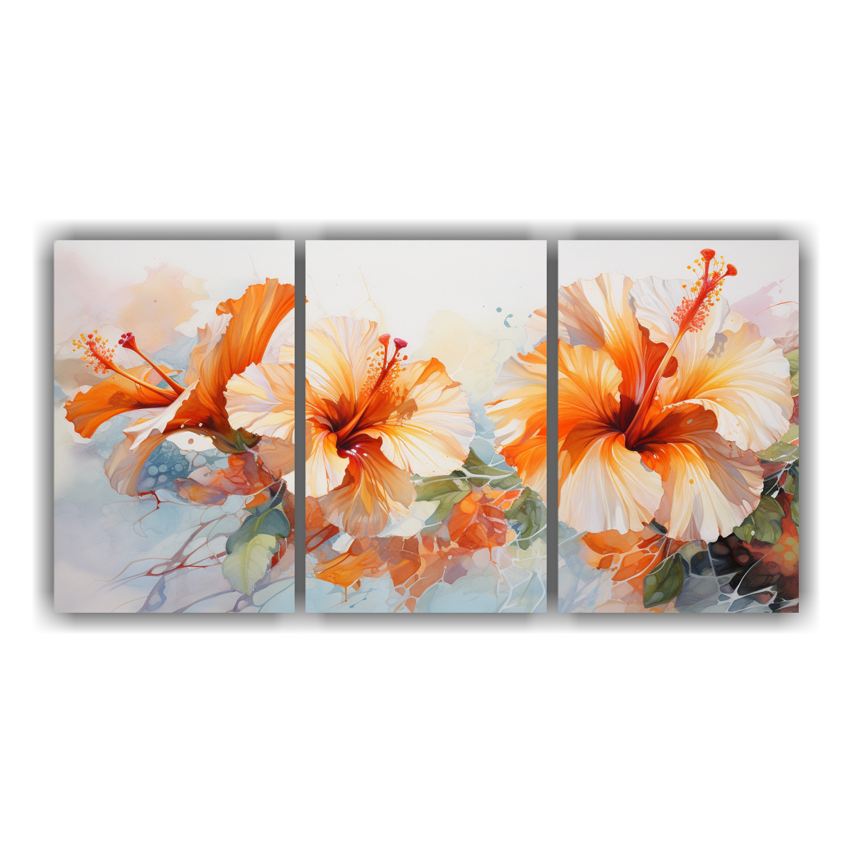 Venta De 3 Obras De Arte Calidez A Flores De Hibisco Blanco Y Naranja Abstracto - Decocuadros